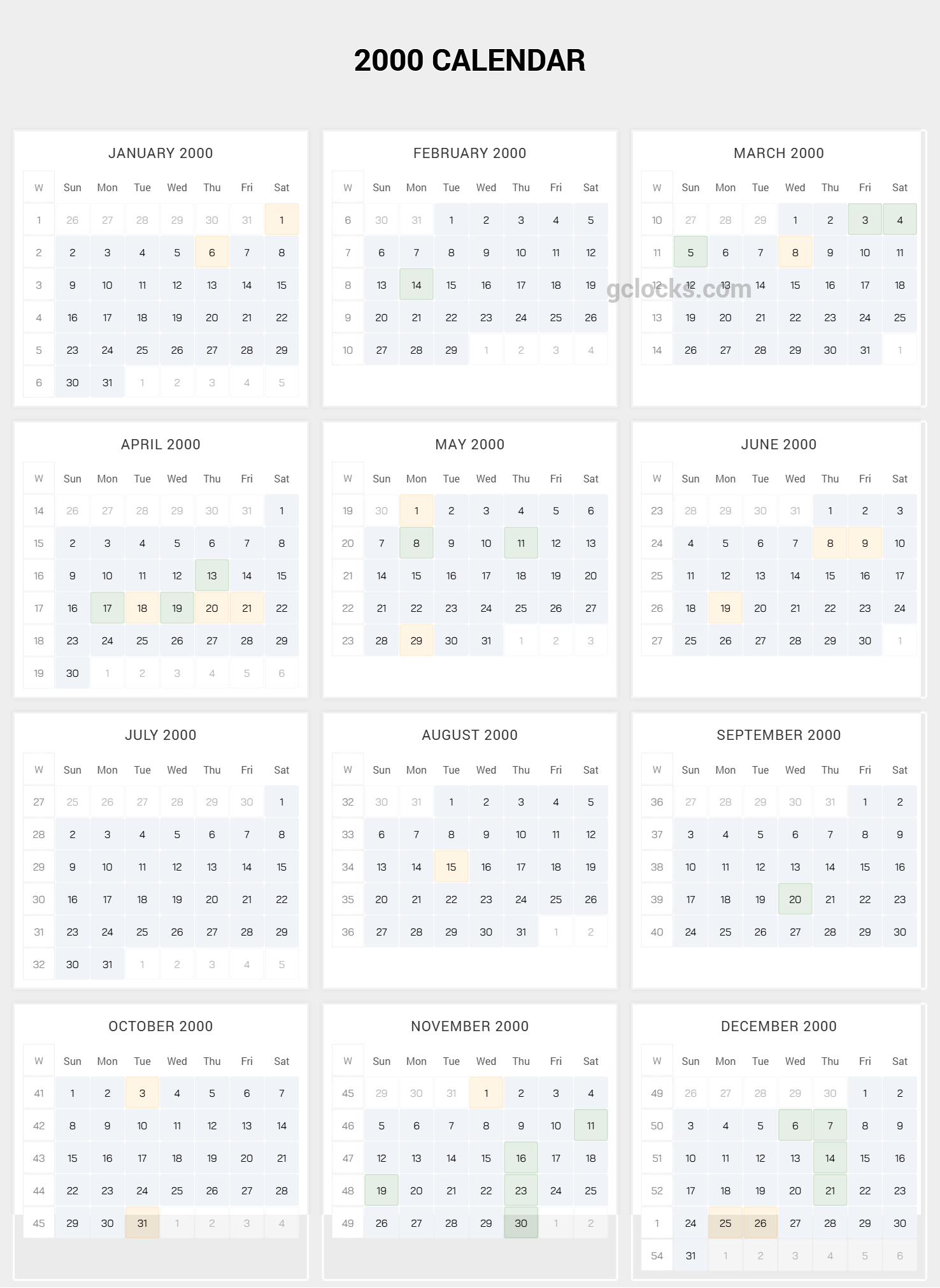 2000 Naptár – Megtekintés, Nyomtatás és Letöltés | Globális Ünnepek 2000
