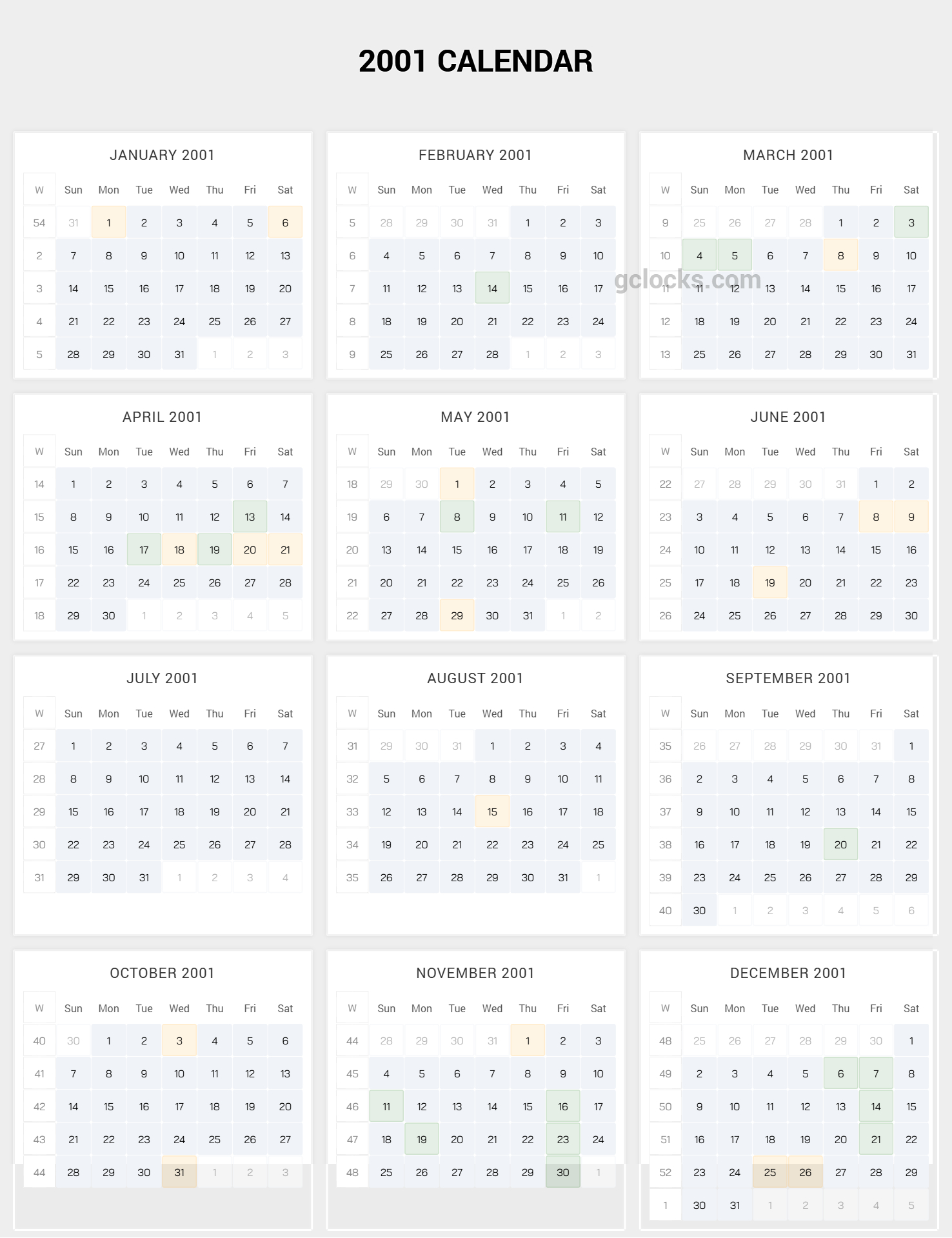 2001 Calendar – View, Print & Download | Global Holidays 2001