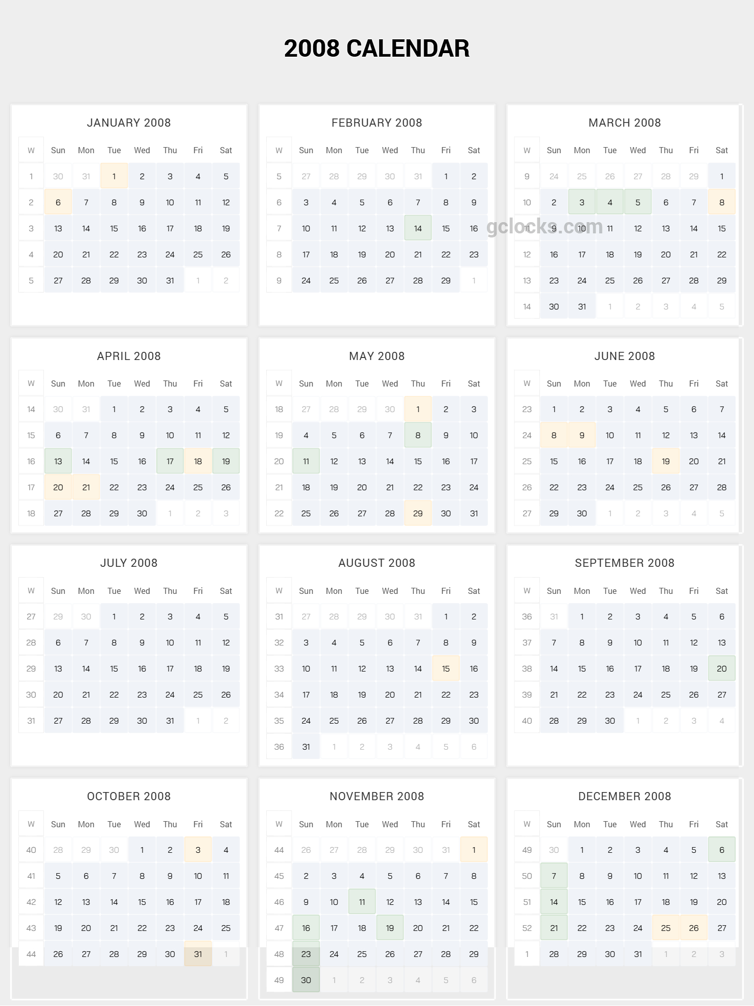Calendrier 2008 – Voir, Imprimer & Télécharger | Jours fériés mondiaux 2008