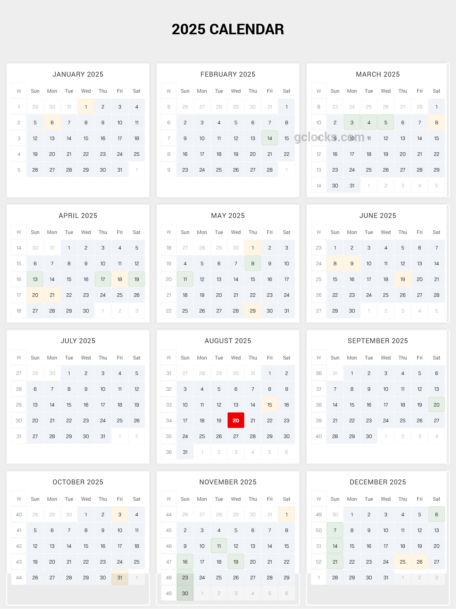2025年 週カレンダー – 52週、現在の週と年切替
