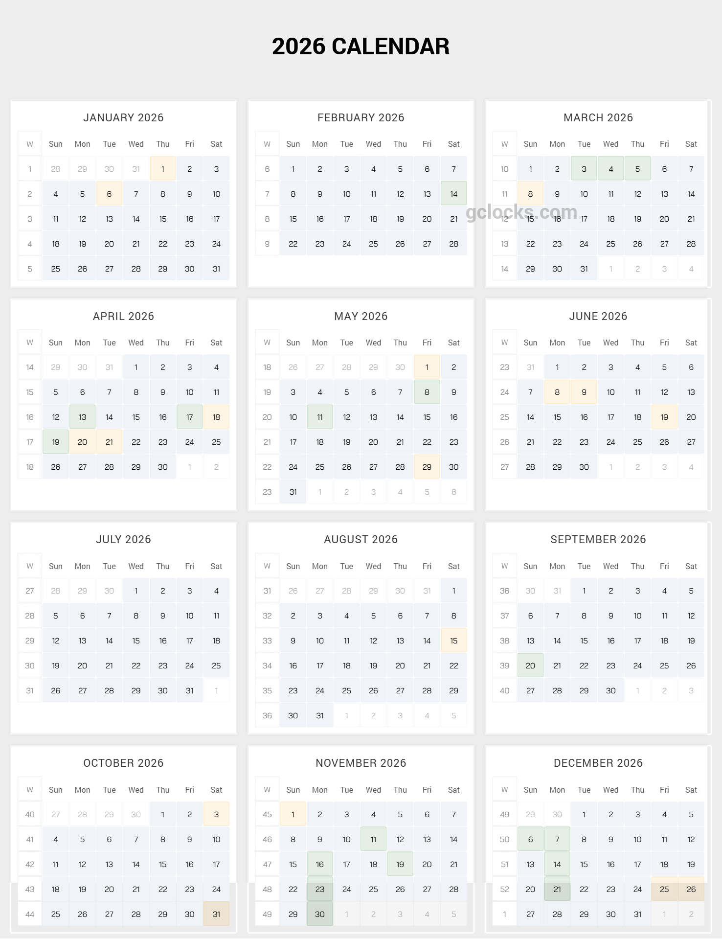 2026 달력 – 보기, 인쇄 및 다운로드 | 세계 공휴일 2026