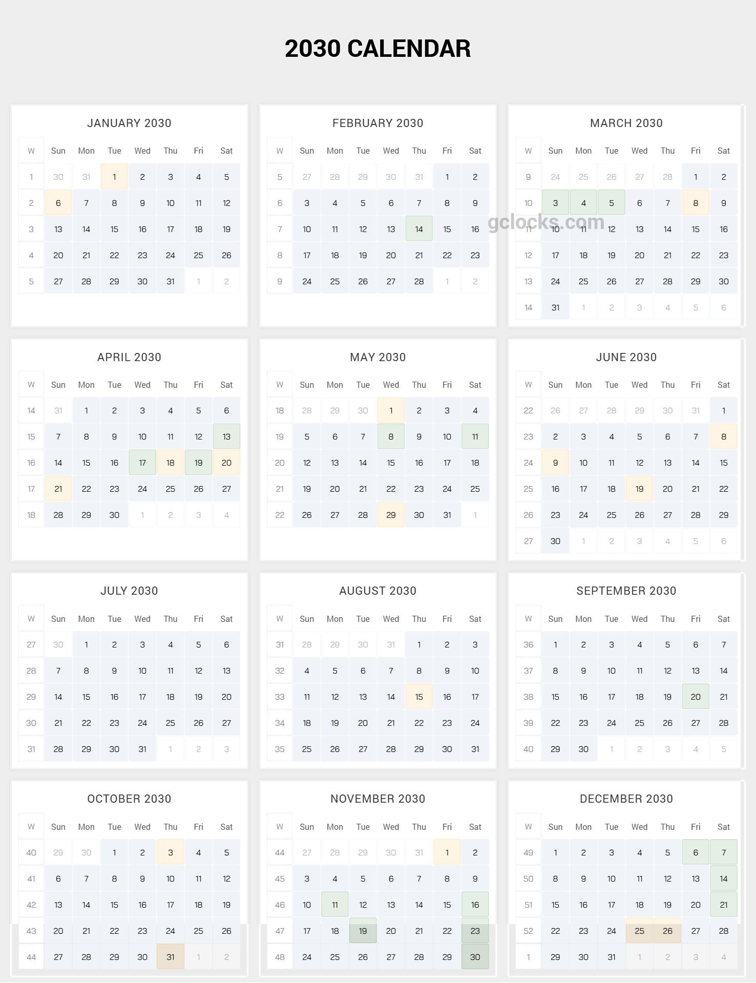 2030 Calendar – View, Print & Download | Global Holidays 2030