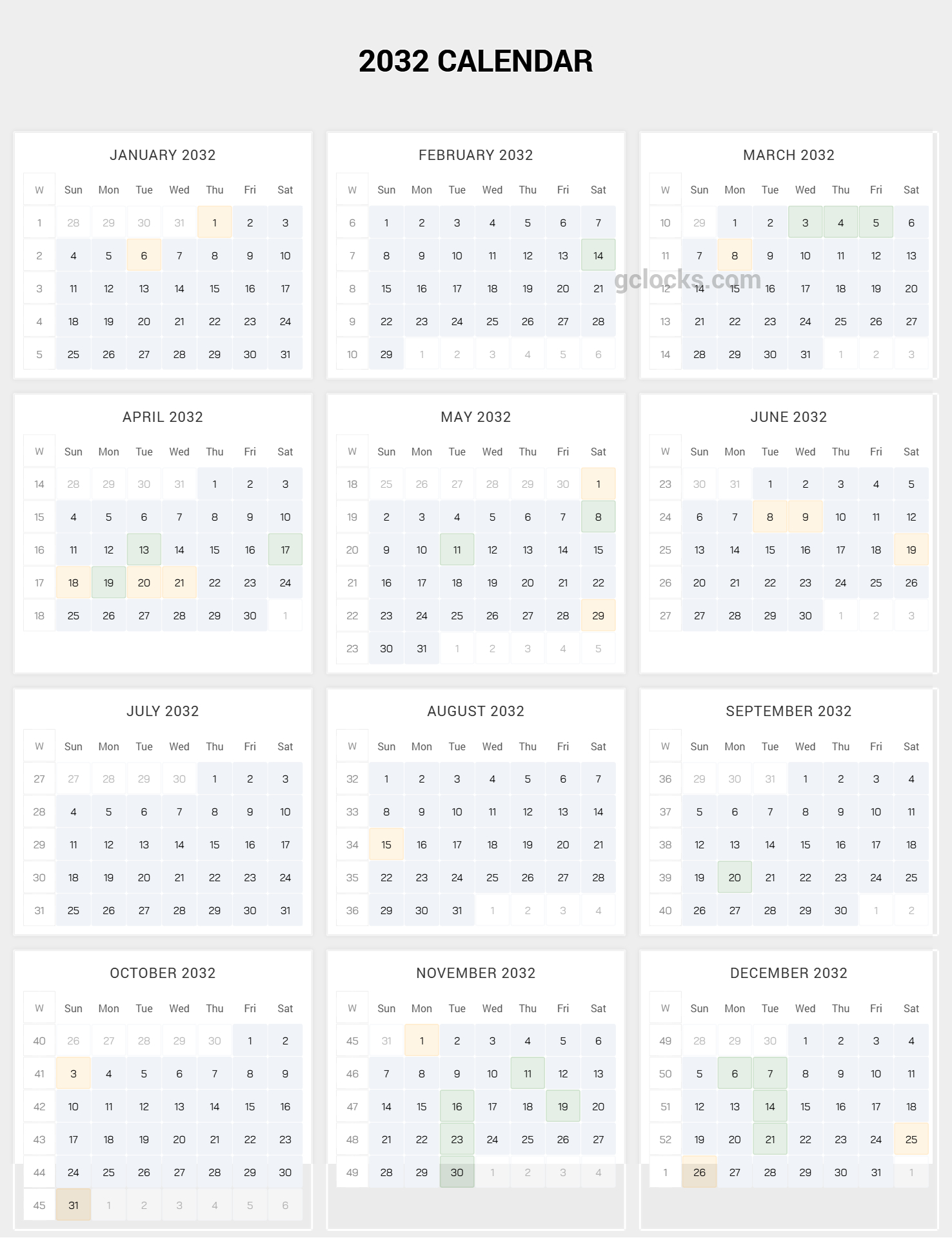 2032 Calendar – View, Print & Download | Global Holidays 2032