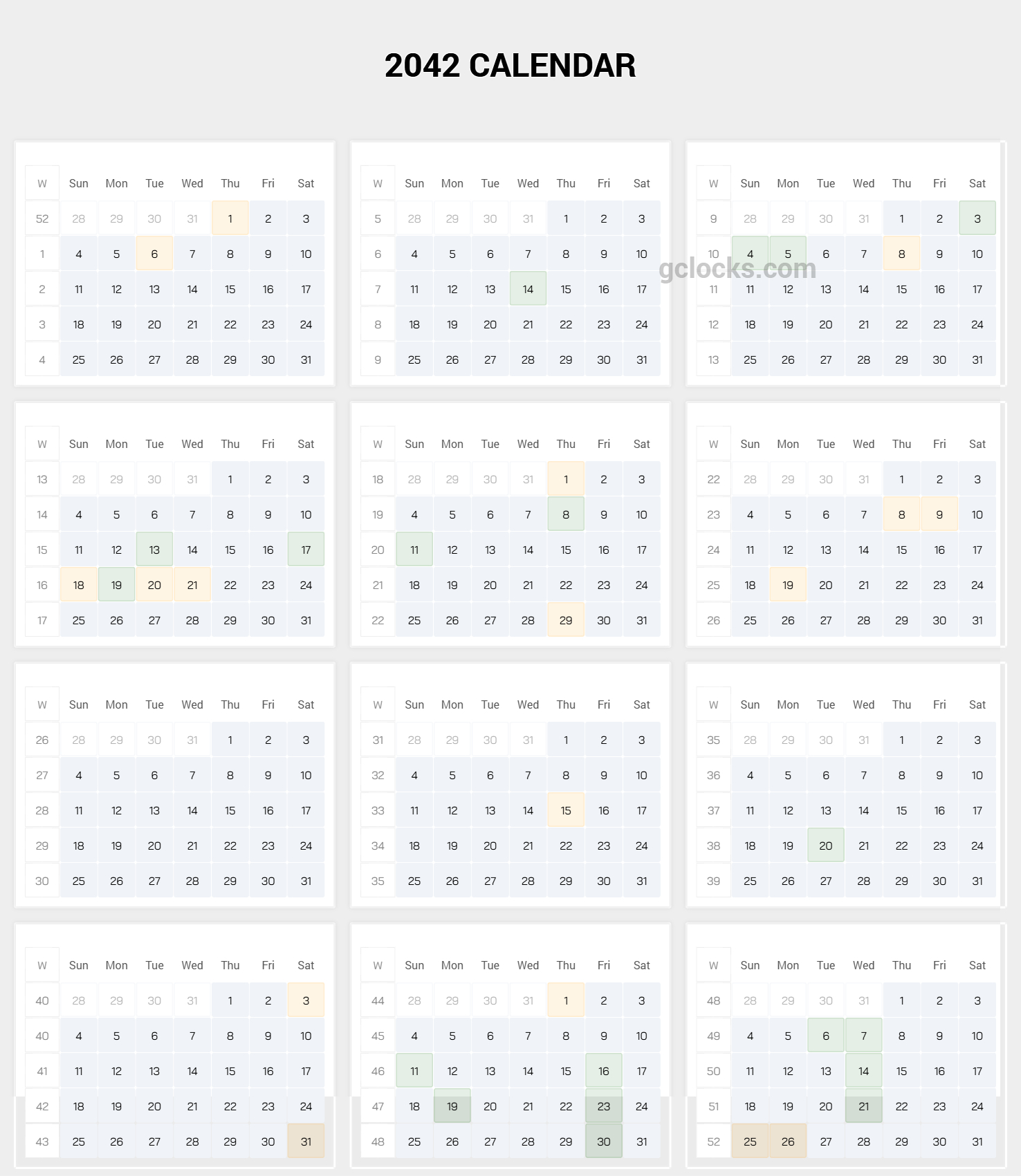 2042 Calendar – View, Print & Download | Global Holidays 2042
