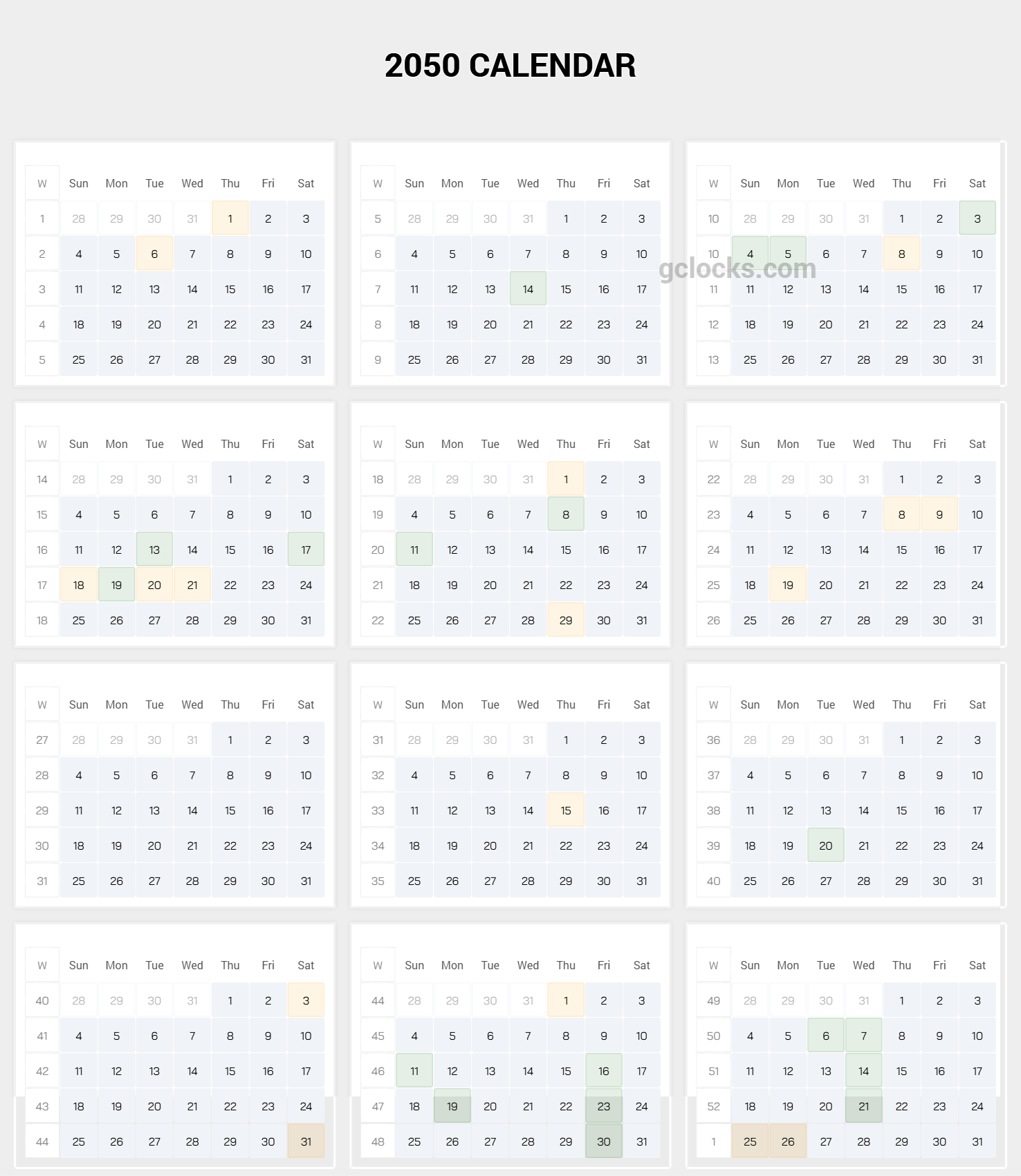 2050 Naptár – Megtekintés, Nyomtatás és Letöltés | Globális Ünnepek 2050